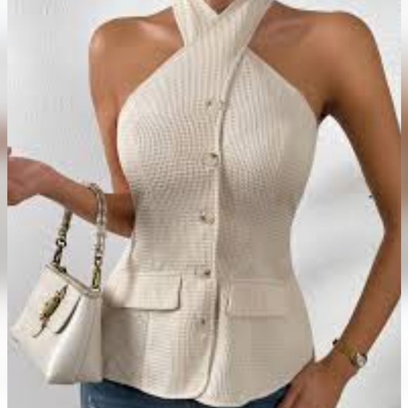 SHEIN | Tops | Shein Beige Solid Front Button Halter Top L | Poshmark